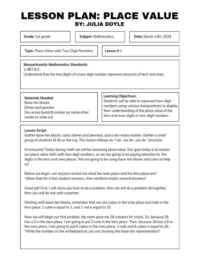 Lesson Plan Place Value 1 | PDF