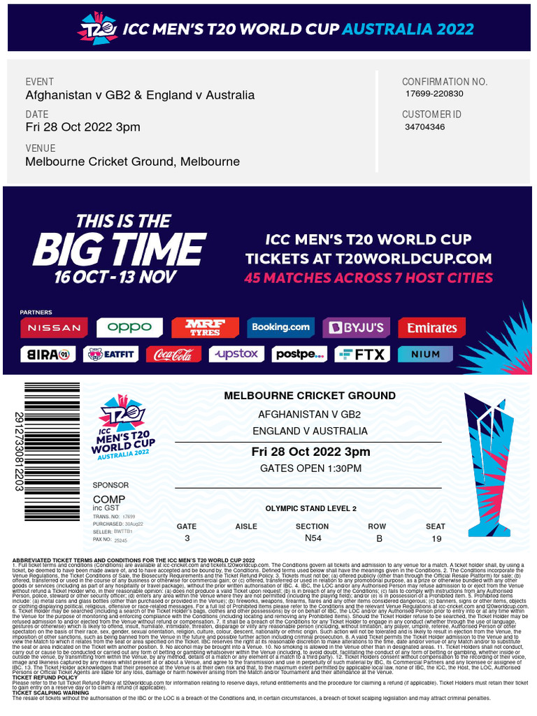 MCG - 28 October - AFG V GB2 & ENG V AUS - Section N54 - Row B - Seat 19 | PDF | Gambling ...