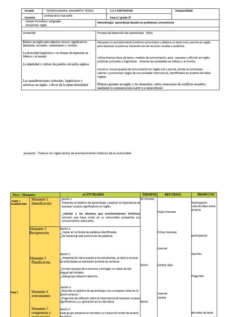 Planeacion de Ingles Andy11 | PDF | Aprendizaje | Lingüística