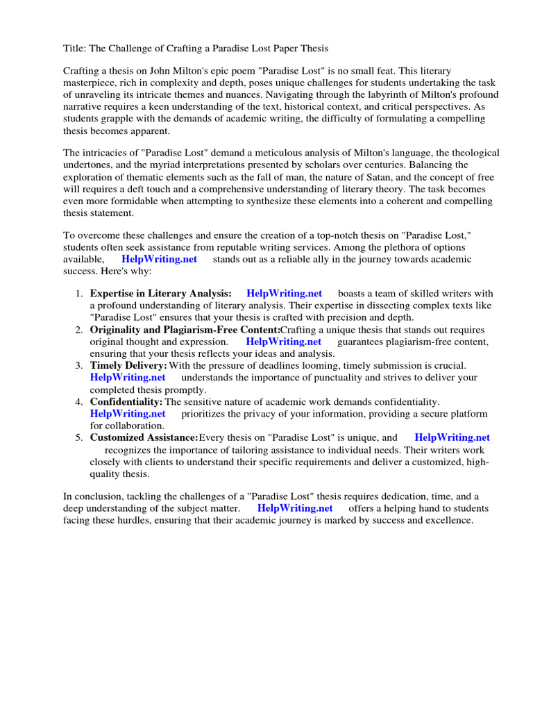 Paradise Lost Paper Thesis | PDF | Paradise Lost | Poetry