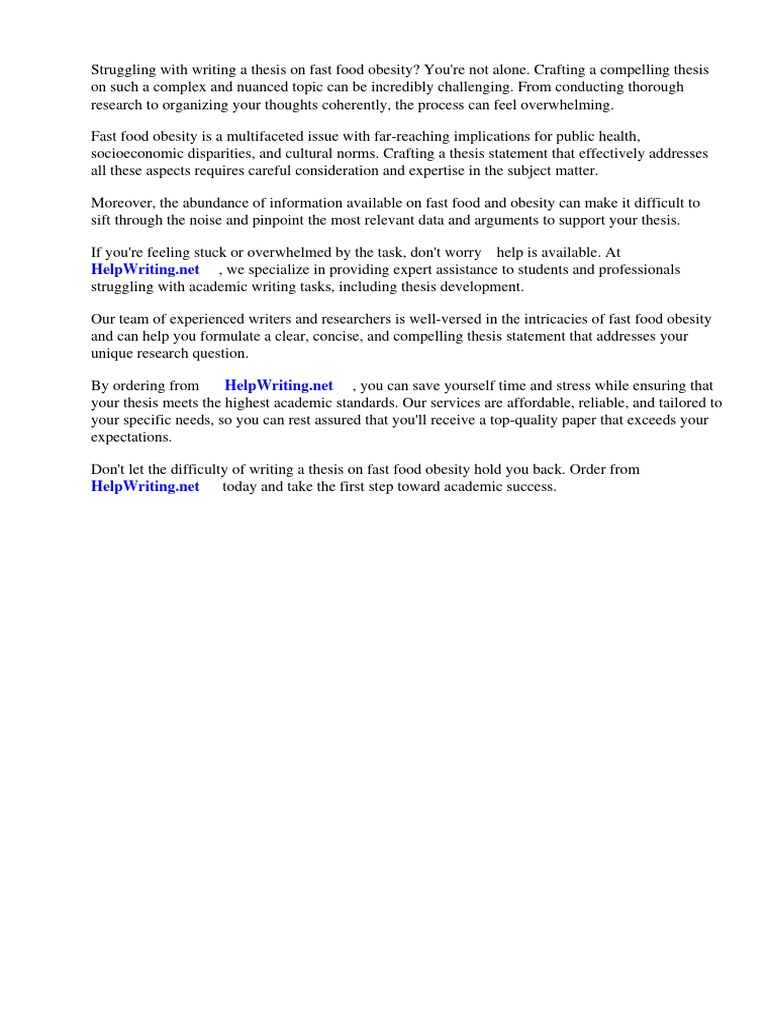 Fast Food Obesity Thesis Statement | PDF | Obesity | Fast Food