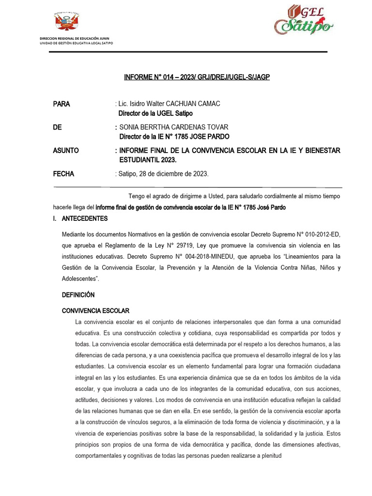 Informe Final de La Convivencia Escolar en La Ie y Bienestar Estudiantil 2023. | PDF | Educación ...