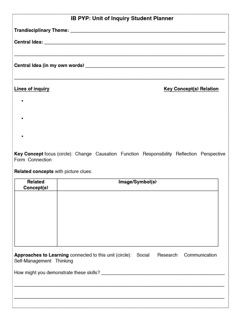 IB PYP: Unit of Inquiry Student Planner | PDF