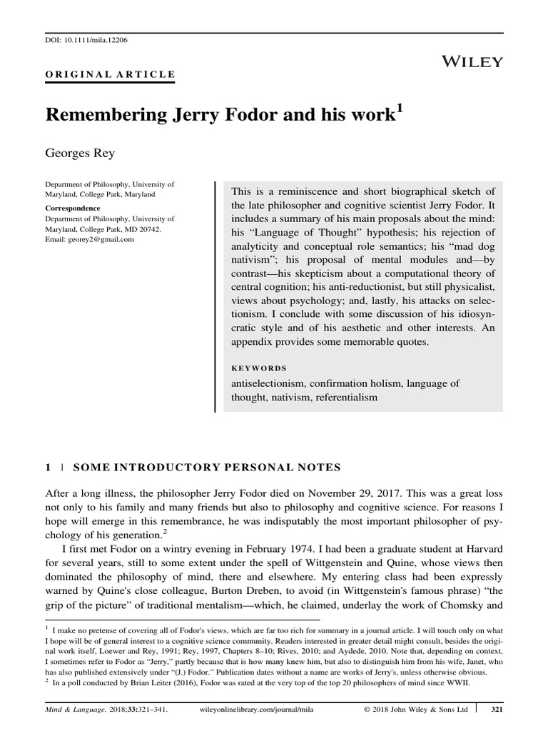 2018. Rey, G. Remembering Jerry Fodor and his work | PDF | Thought | Concept