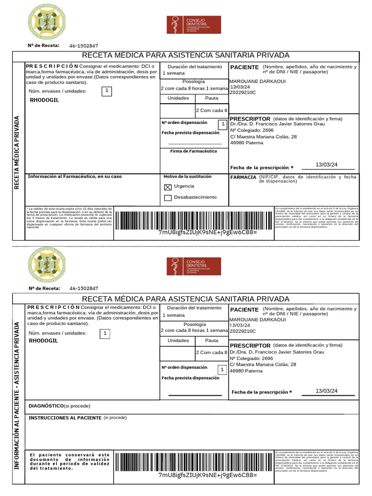 Receta Rhodogil Marouane PDF | PDF | Prescripción médica | Farmacia