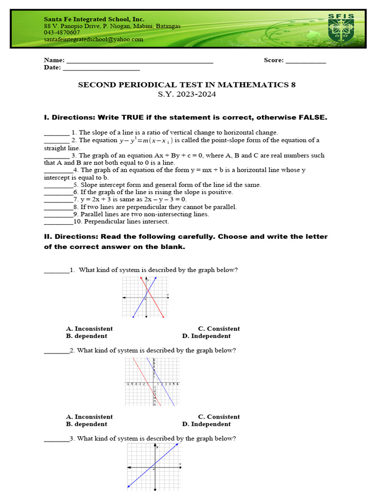 Math Test for Grade 8 Students | PDF | Line (Geometry) | Slope