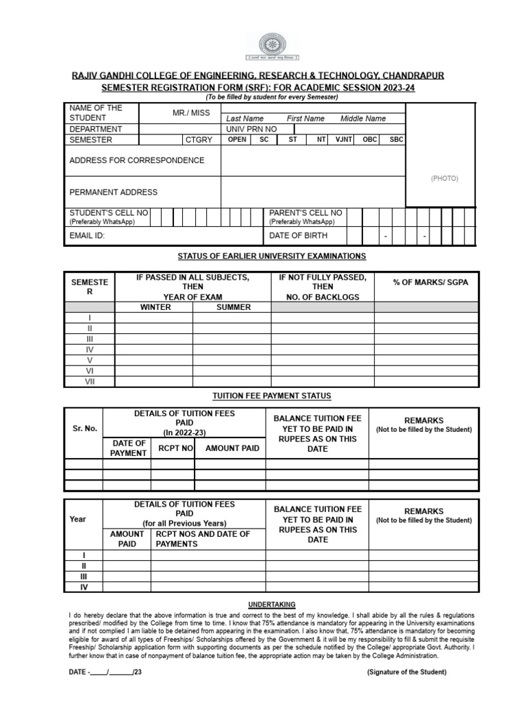 Semester Registration Form 2023-24 | PDF