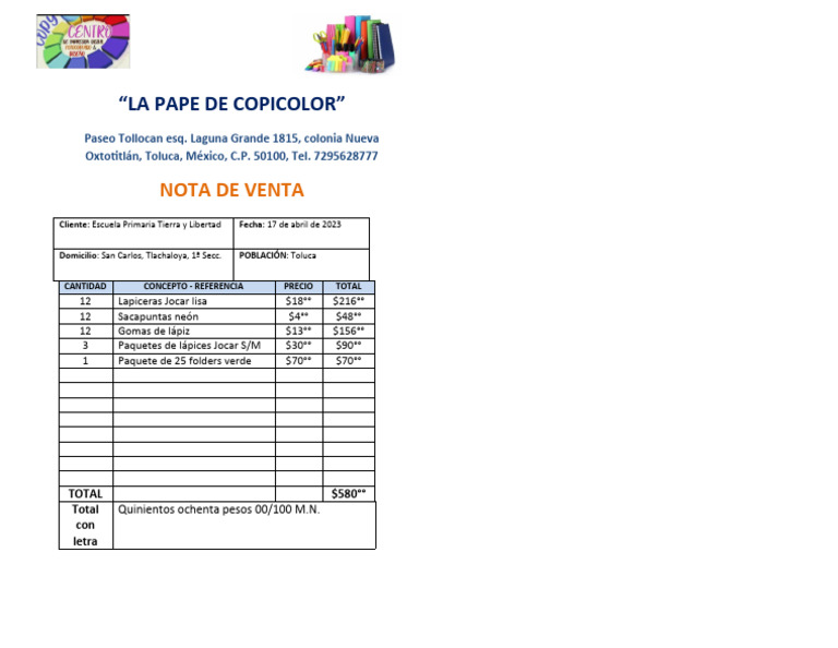Nota Venta Papeleria | PDF