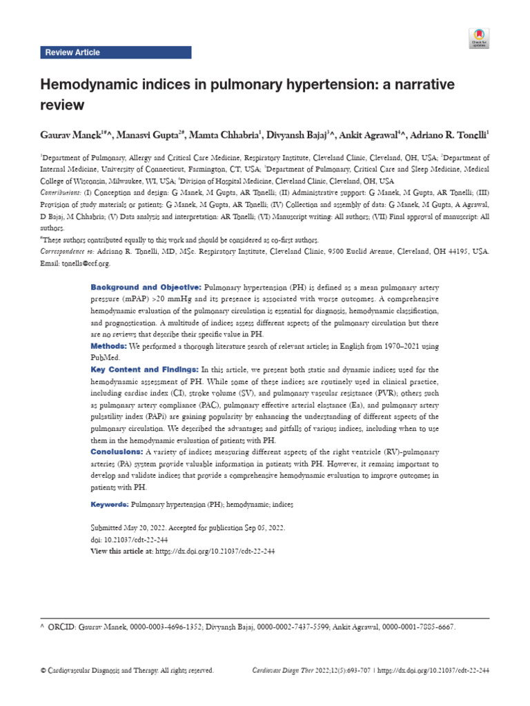 Hemodynamic Indices in Pulmonary Hypertension: A Narrative Review | PDF ...