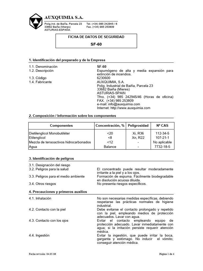 Espumógeno SF-60: Seguridad y Uso | PDF | Química | Ciencias fisicas