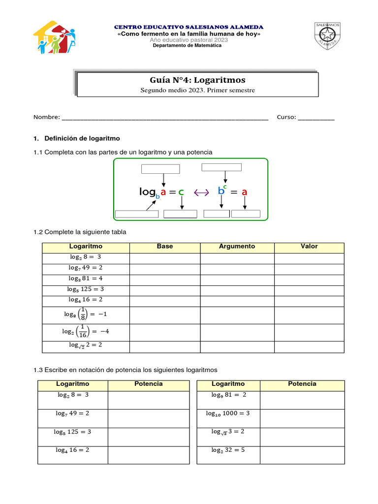 Guía de Logaritmos para Segundo Medio | PDF | Logaritmo | Álgebra abstracta