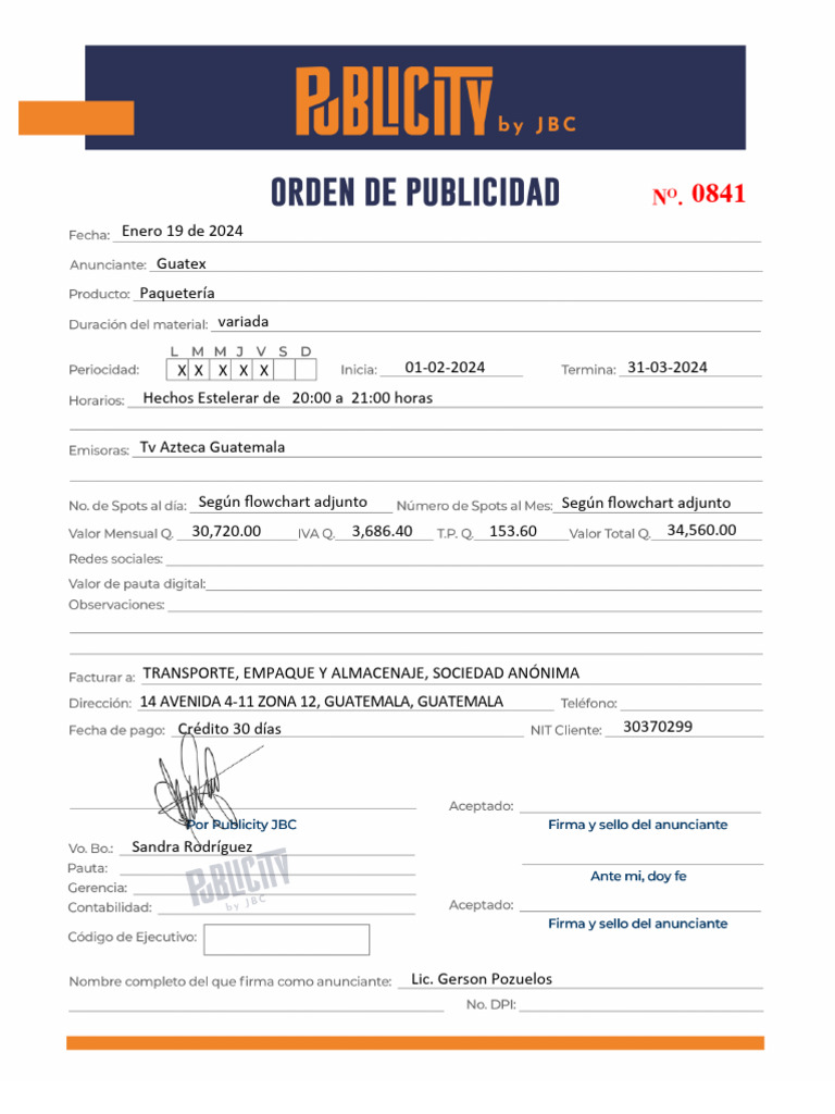 Orden Publicidad Publicity JBC-TV Azteca 2024 | PDF