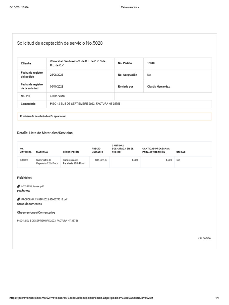 Solicitud de Servicio 5028 - Wintershall Dea | PDF