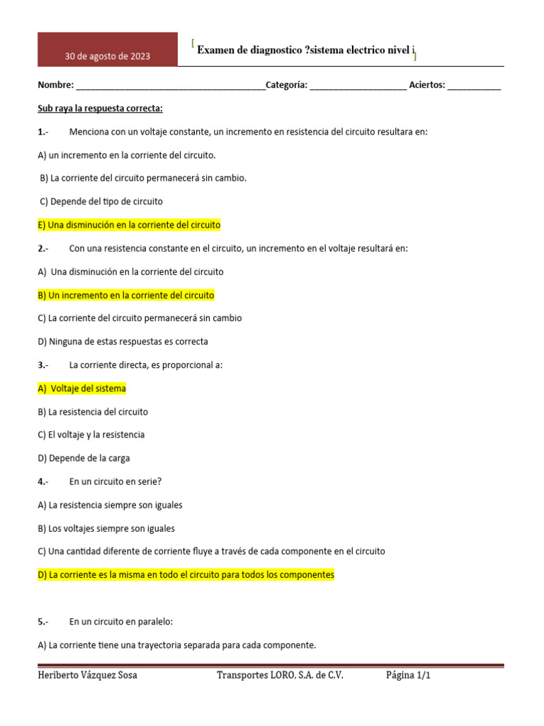 Exámen de Diagnostico Mecanica Basica Sistema Electrico Nivel 2 | PDF | Corriente eléctrica ...
