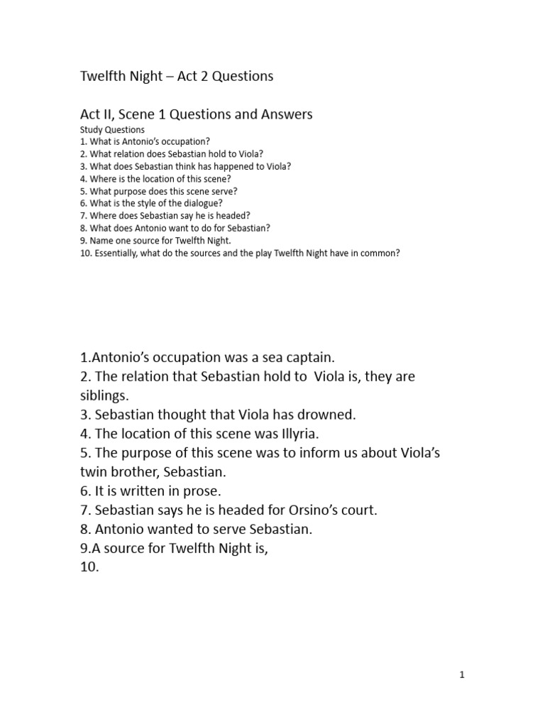 Twelfth Night Act 2 Study Questions | PDF | Twelfth Night ...
