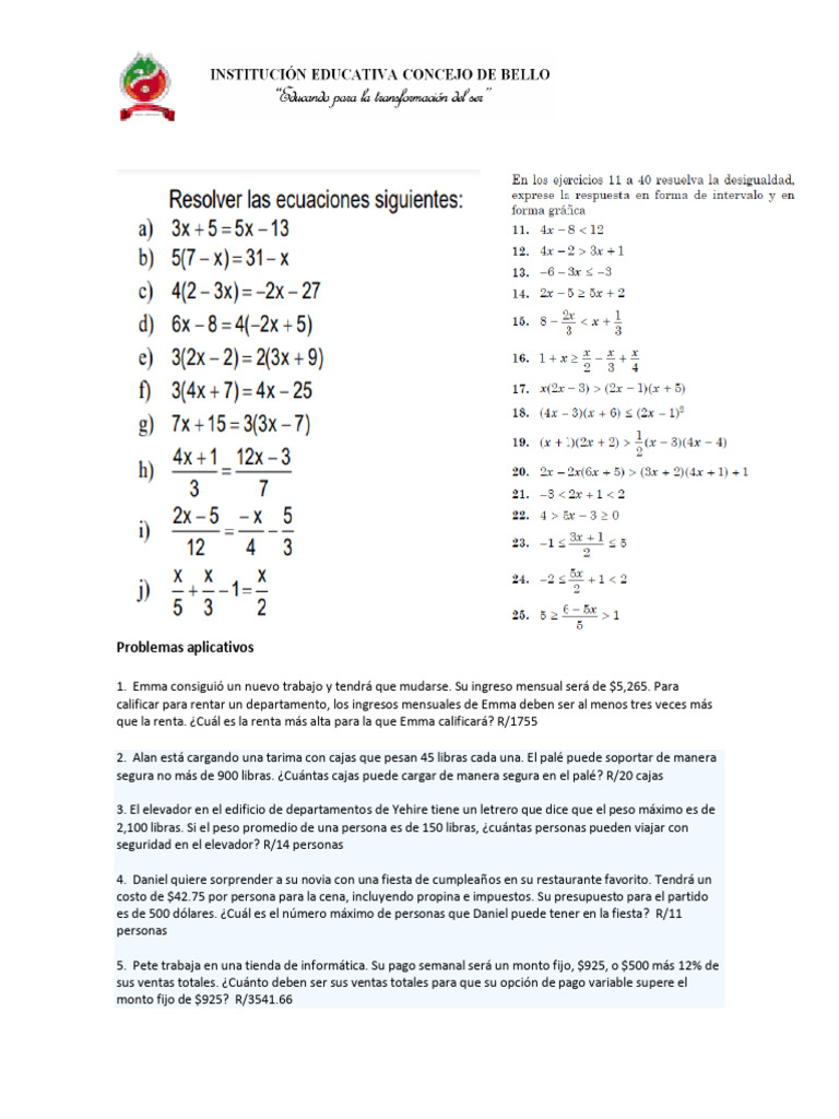 Taller de Ecuaciones Lineales, Desigualdades Lineales y Aplicaciones | PDF