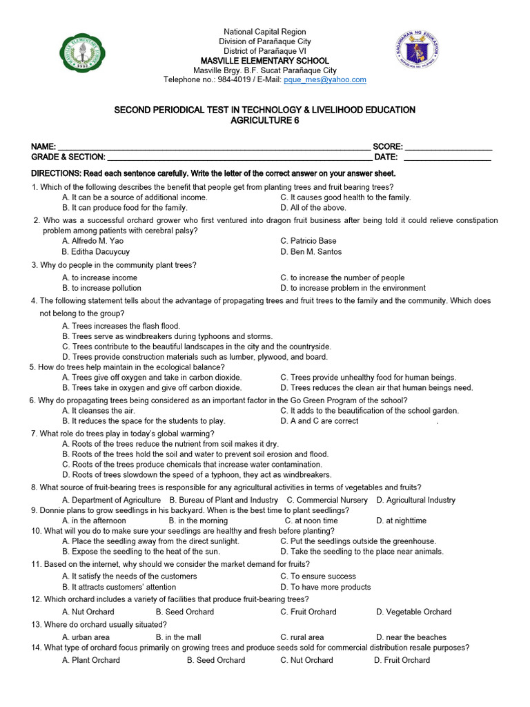 Second Periodical Test In Tle 6 Agri Pdf Trees Plants