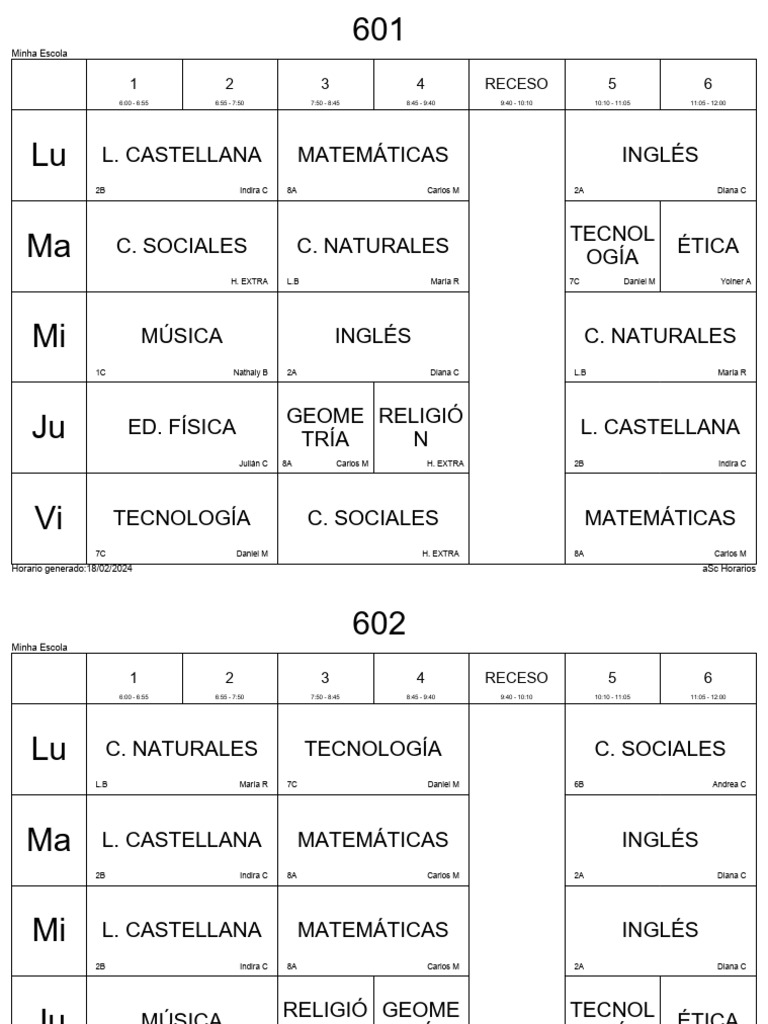 Horarios Escolares 2024 | PDF