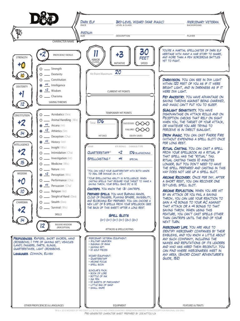Dark Elf Wizard Character Sheet | PDF