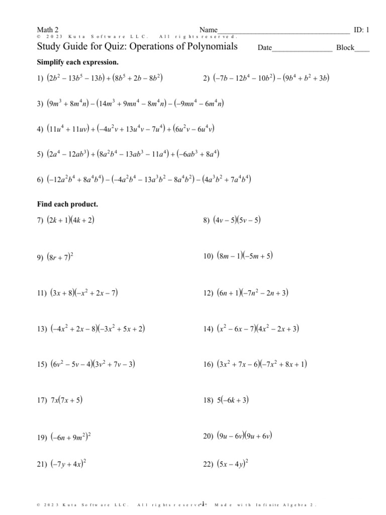 Study Guide For Quiz Operations of Polynomials | PDF