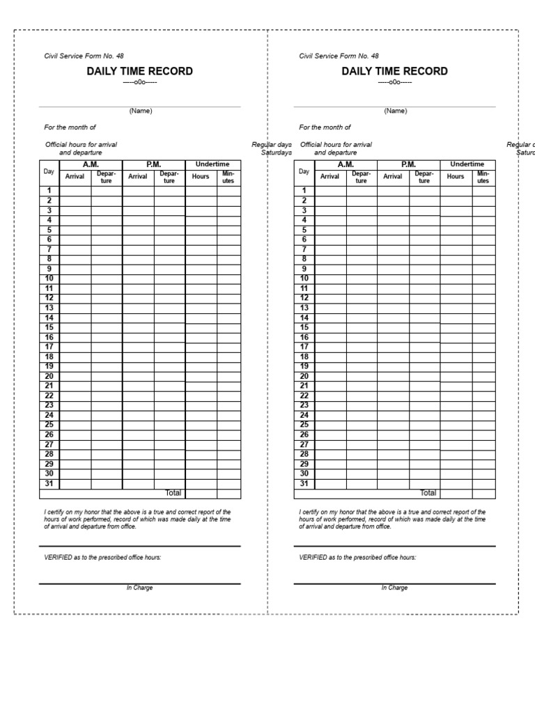 Csc Form No 48 Daily Time Record Dtr (1) | PDF