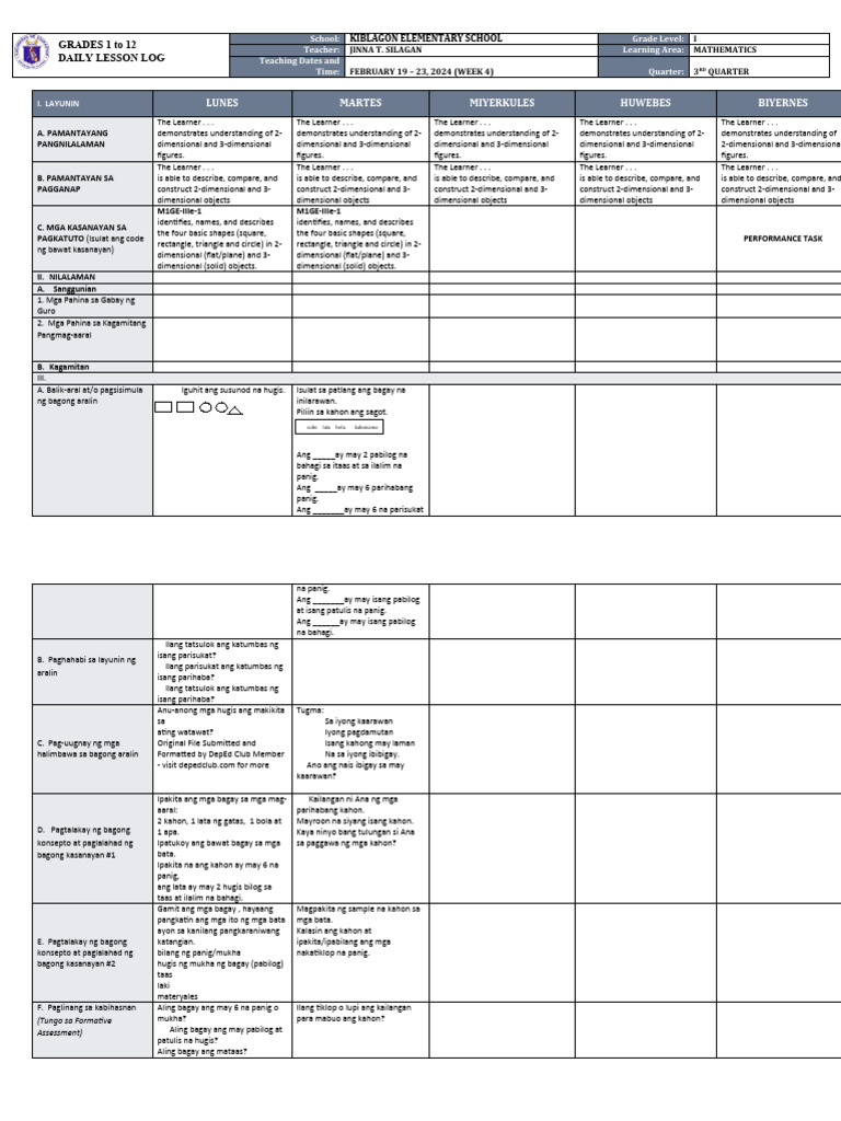 DLL - Mathematics 1 - Q3 - W4 | PDF | Learning