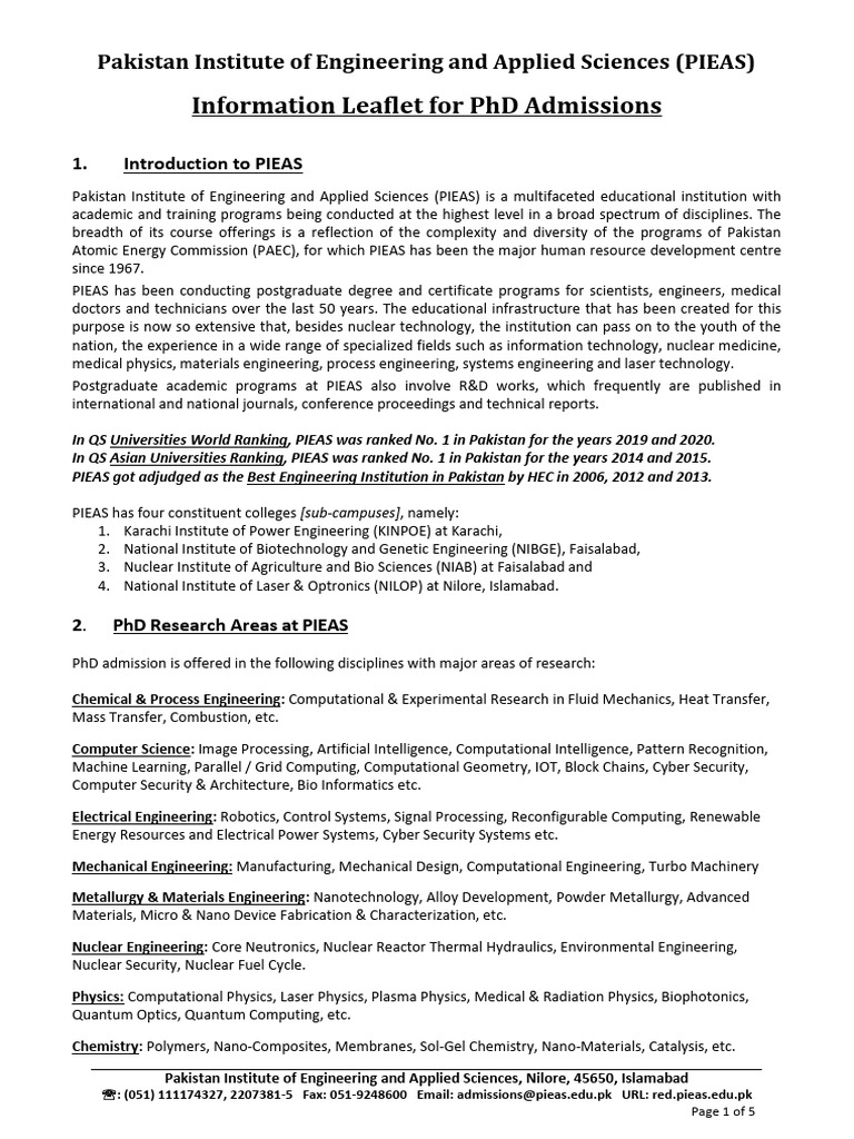 Information Leaflet PHD PIEAS-2021 | PDF | Physical Sciences