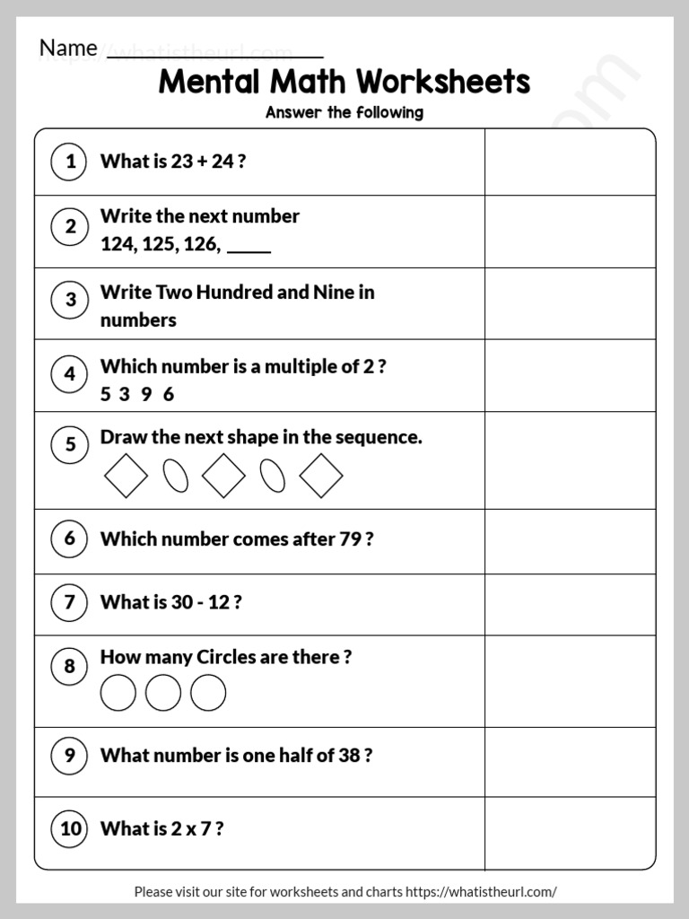 Mental Math Worksheet For Grade 1 Exercise 20 | PDF | Mathematics