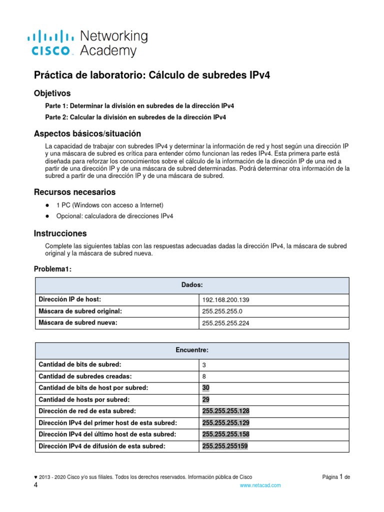 Práctica: Subredes IPv4 Cisco | PDF | Dirección IP | Arquitectura de Computadores
