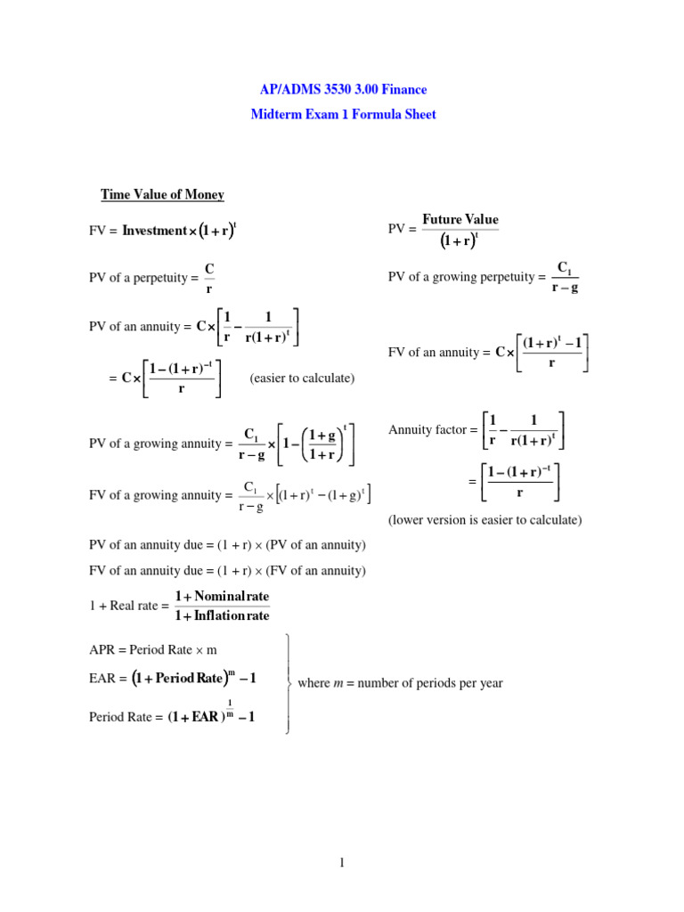 ADMS3530 - Midterm 1 Formula Sheet - W24 | PDF | Yield (Finance) | Financial Economics