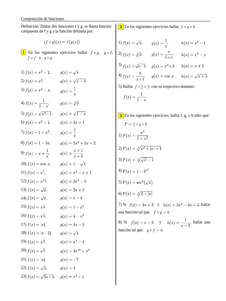 Composicion de Funciones Ejercicios | PDF
