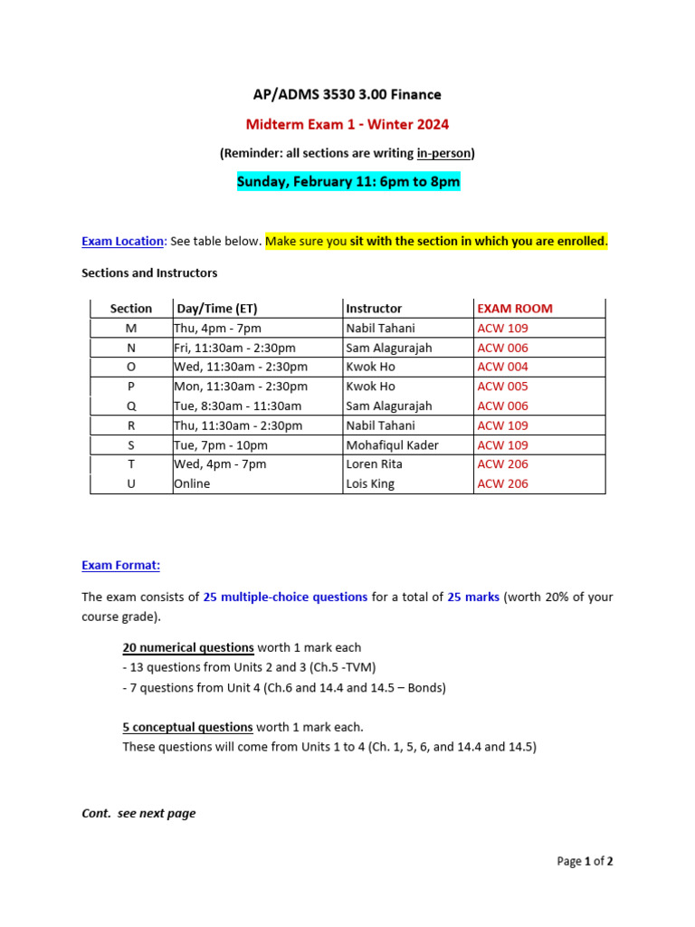 ADMS 3530 W24 - Midterm 1 Information File | PDF | Evaluation | Schools