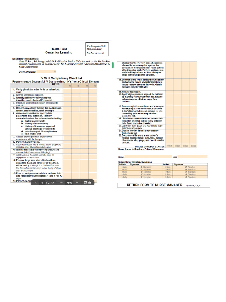 Nursing Skills Checklist (IV THERAPHY) | PDF