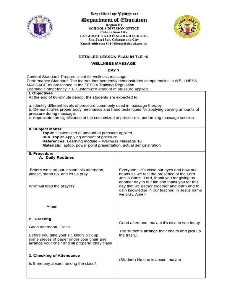 Andrea Detailed Lesson Plan Week 6 in Wellness Massage | PDF | Massage | Teachers