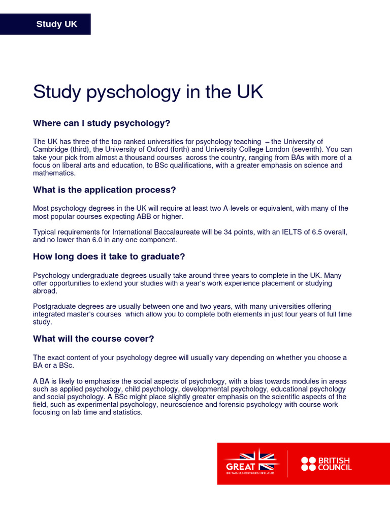 Study UK Psychology Subject Fact Sheet A4 Portrait | PDF | Bachelor's ...