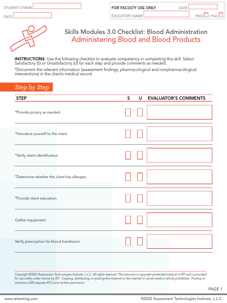Skills Checklist Blood Admin | PDF | Intravenous Therapy | Blood ...