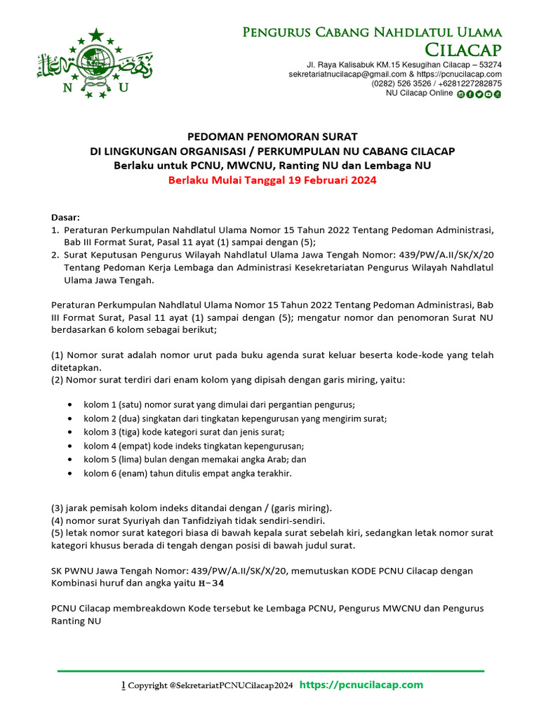 Pedoman-Penomoran-Surat-PCNU-Cilacap-2024 | PDF