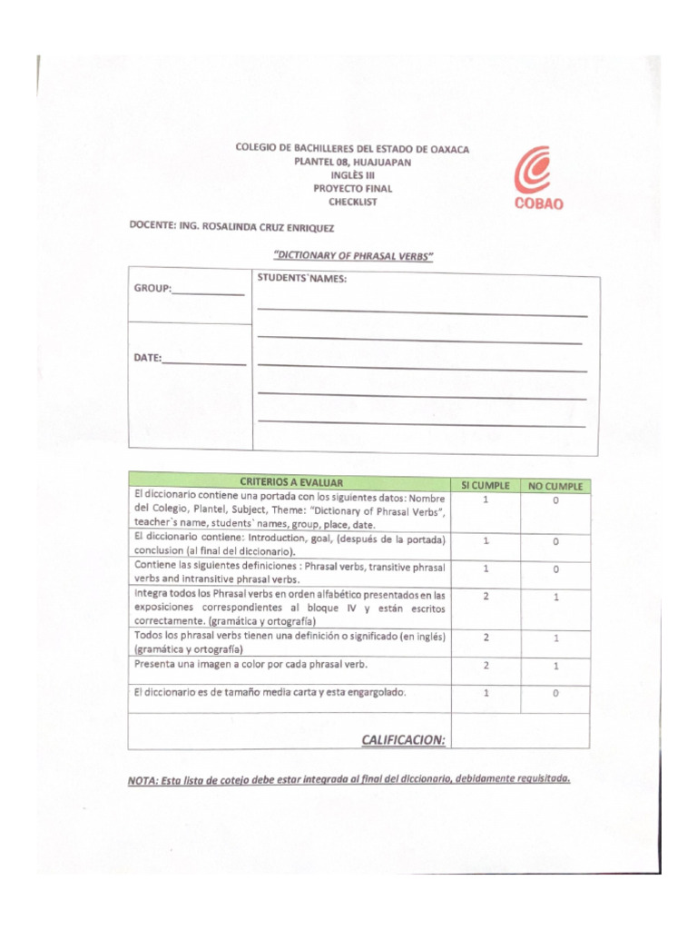 Lista De Cotejo Diccionario Inglés | PDF