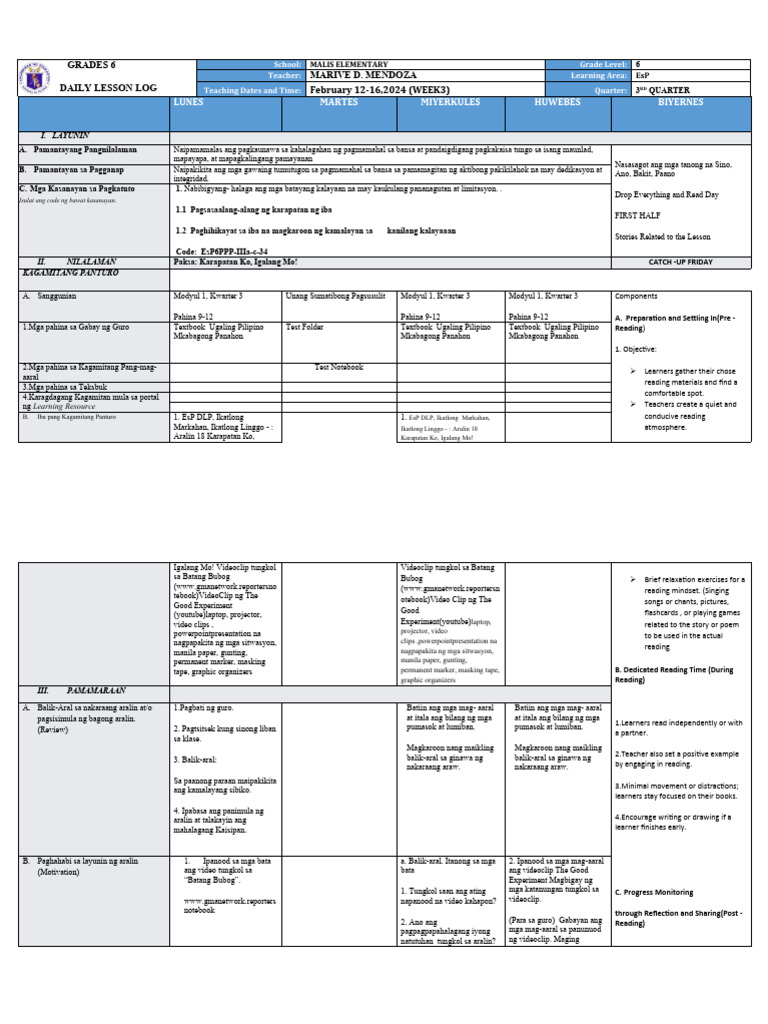 Esp6 Week3 DLP q3 Catch Up Friday | PDF