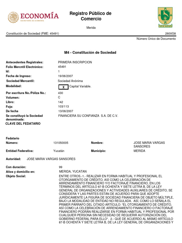 Registro Público de Comercio: M4 - Constitución de Sociedad | PDF | Bancos | Inversiones