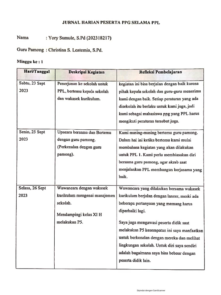 Jurnal Harian (Yory Sumule) Orientasi PPL 1 | PDF