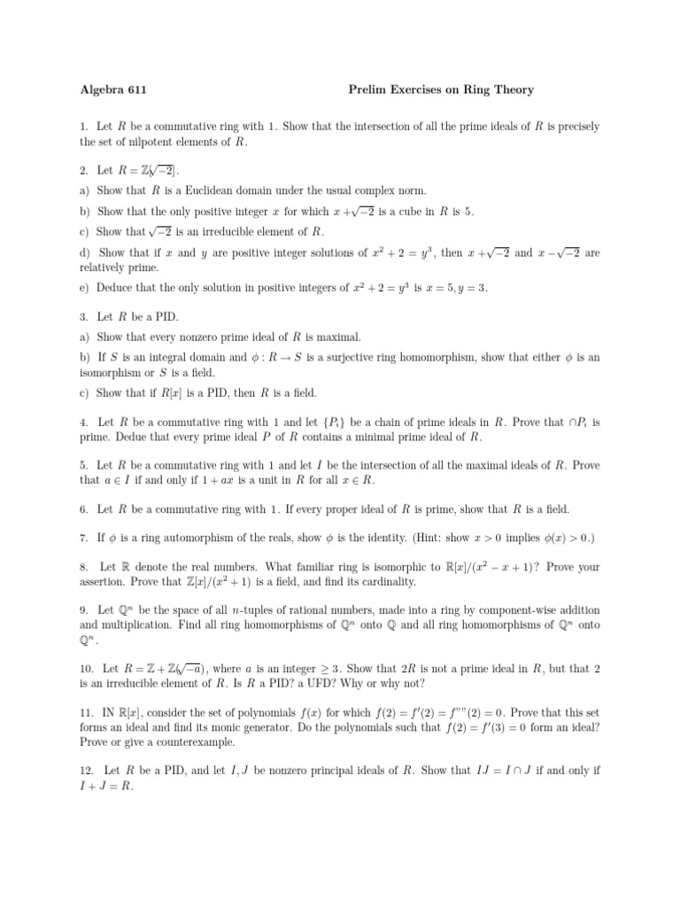Rings Exercises | PDF | Ring (Mathematics) | Field (Mathematics) Rings Exercises | PDF | Ring (Mathematics) | Field (Mathematics)