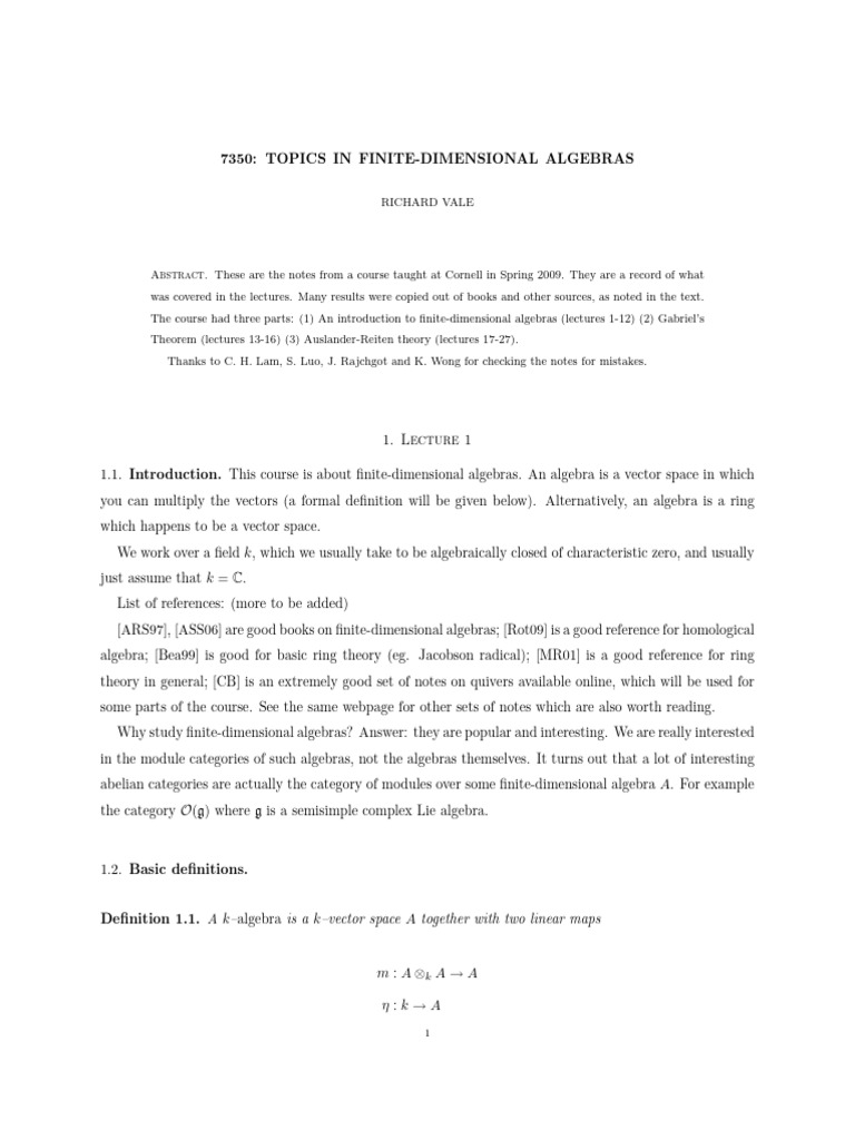 Topic Finite Dimencional Algebras | PDF | Module (Mathematics) | Lie ...