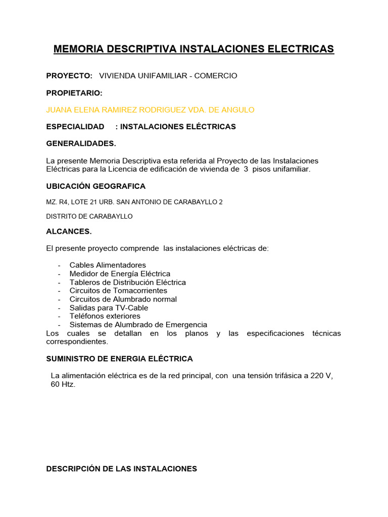 MEMORIA DESCRIPTICA ELECTRICAS | PDF | Corriente eléctrica | Distribución de energía eléctrica
