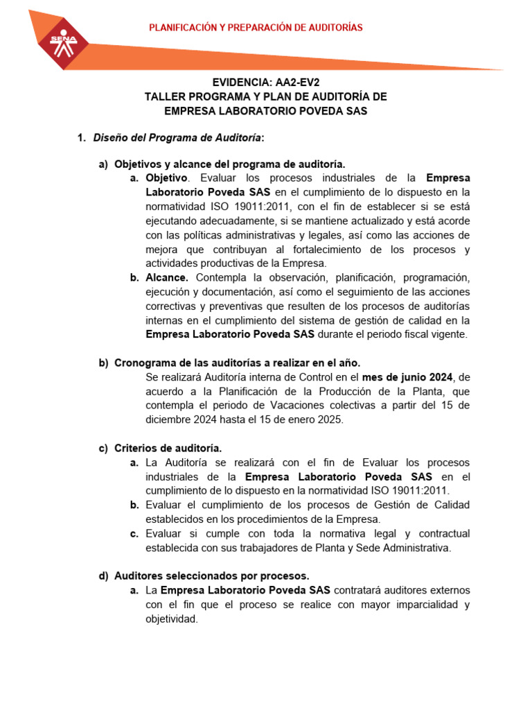 Formato Evidencia AA2 Ev2 Taller Programa y Plan de Auditorias | PDF | Auditoría | Sistema de ...