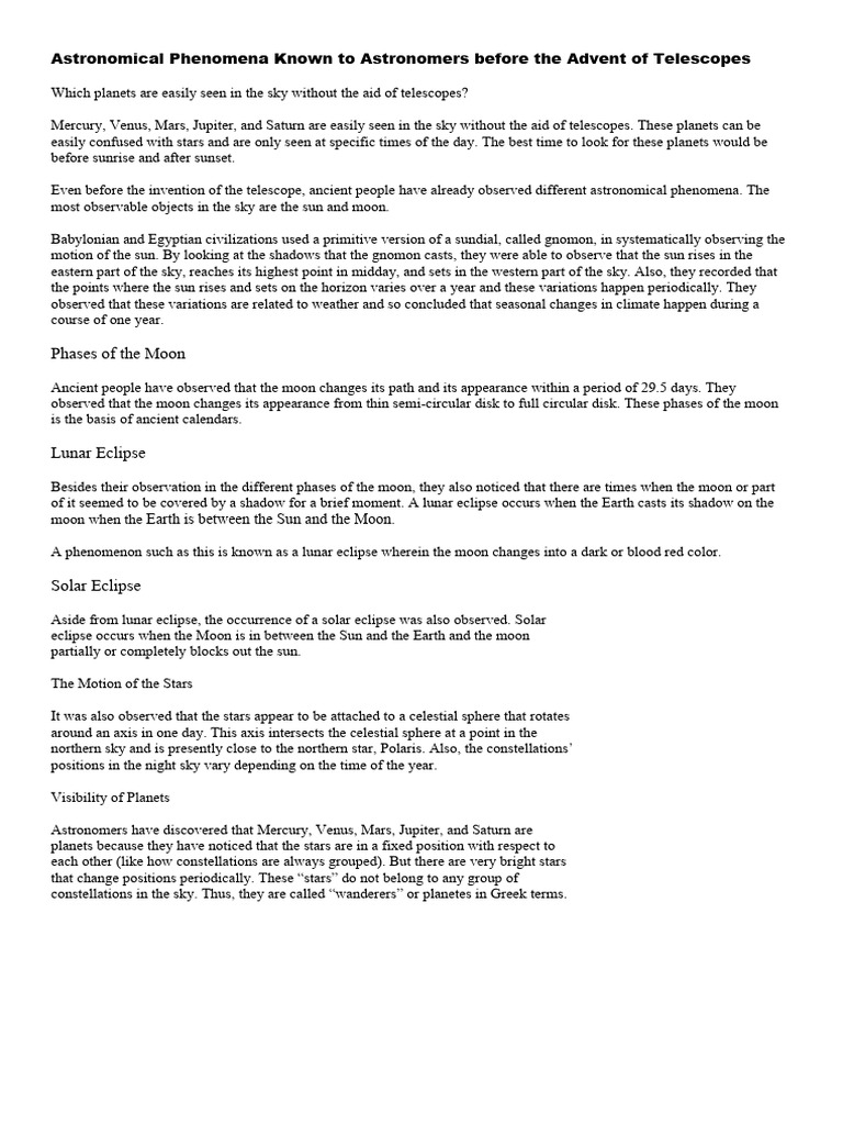 Astronomical Phenomena Known To Astronomers Before TE | PDF | Moon | Bodies Of The Solar System