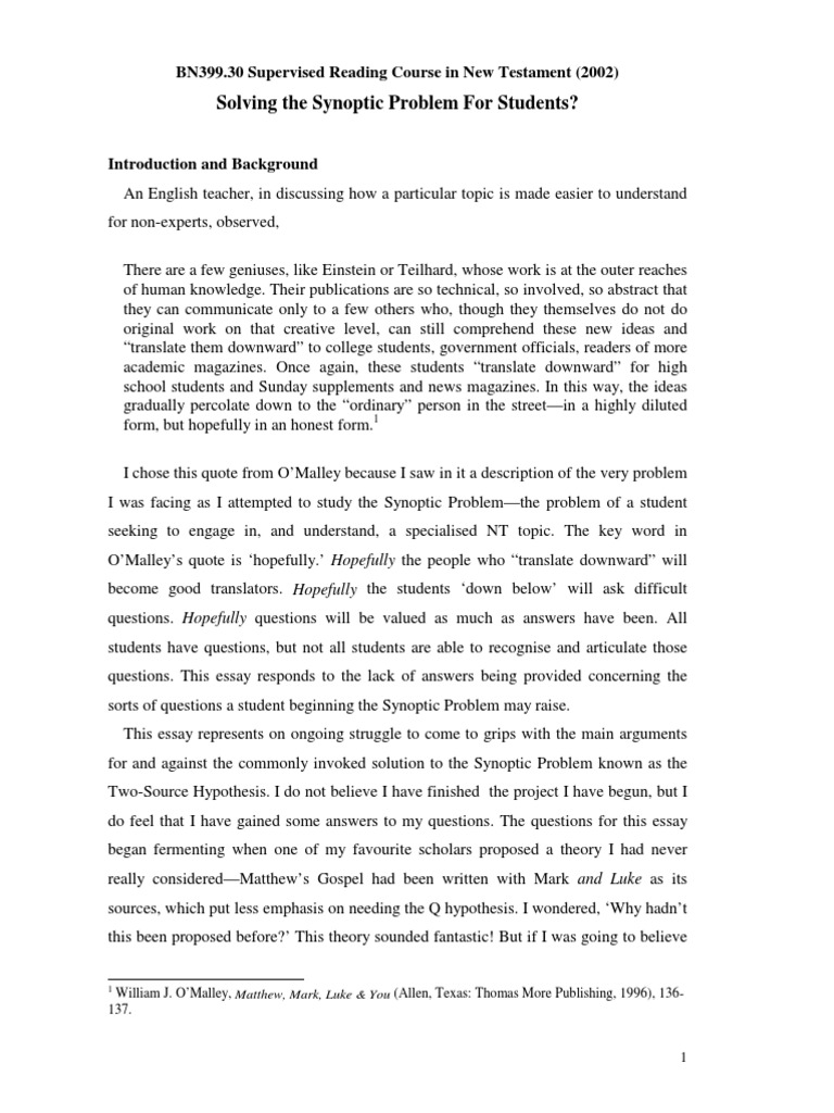 Solving The Synoptic Problem For Students | PDF | Gospels | Gospel Of Mark