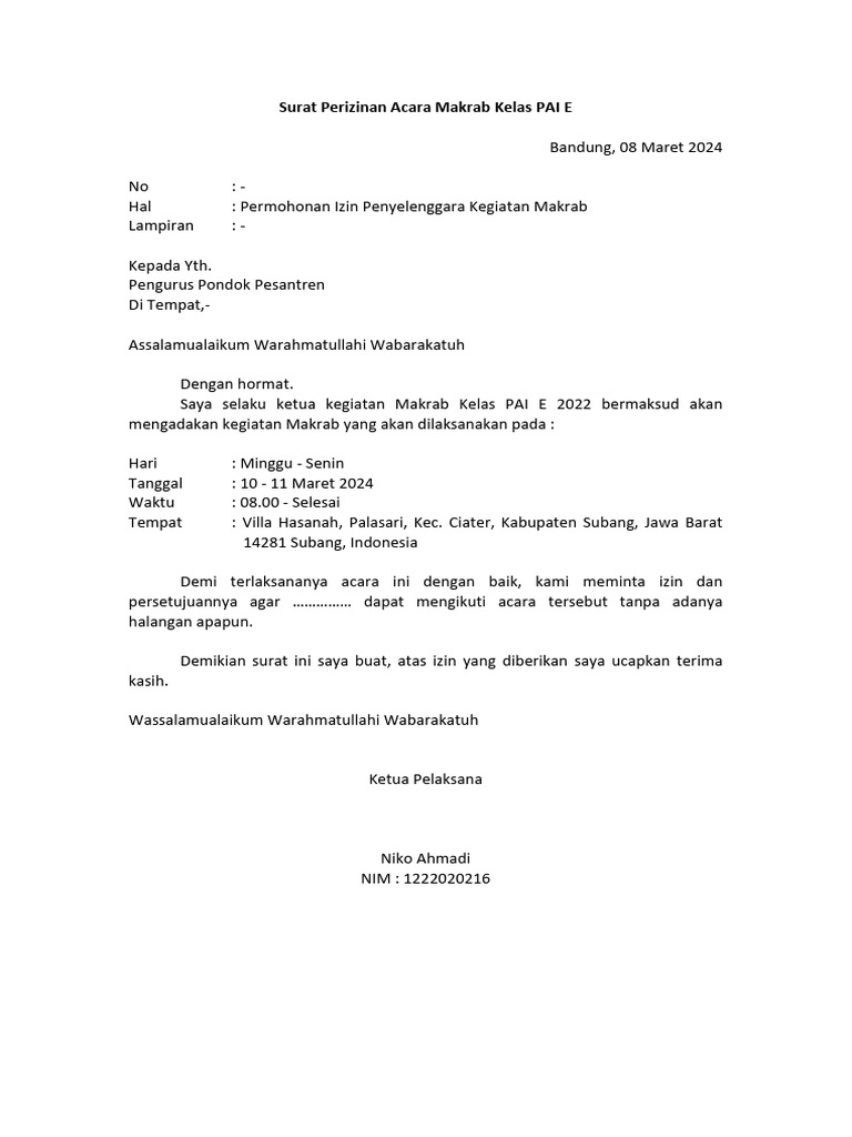Surat Izin Makrab Kelas PAI E 2024 | PDF