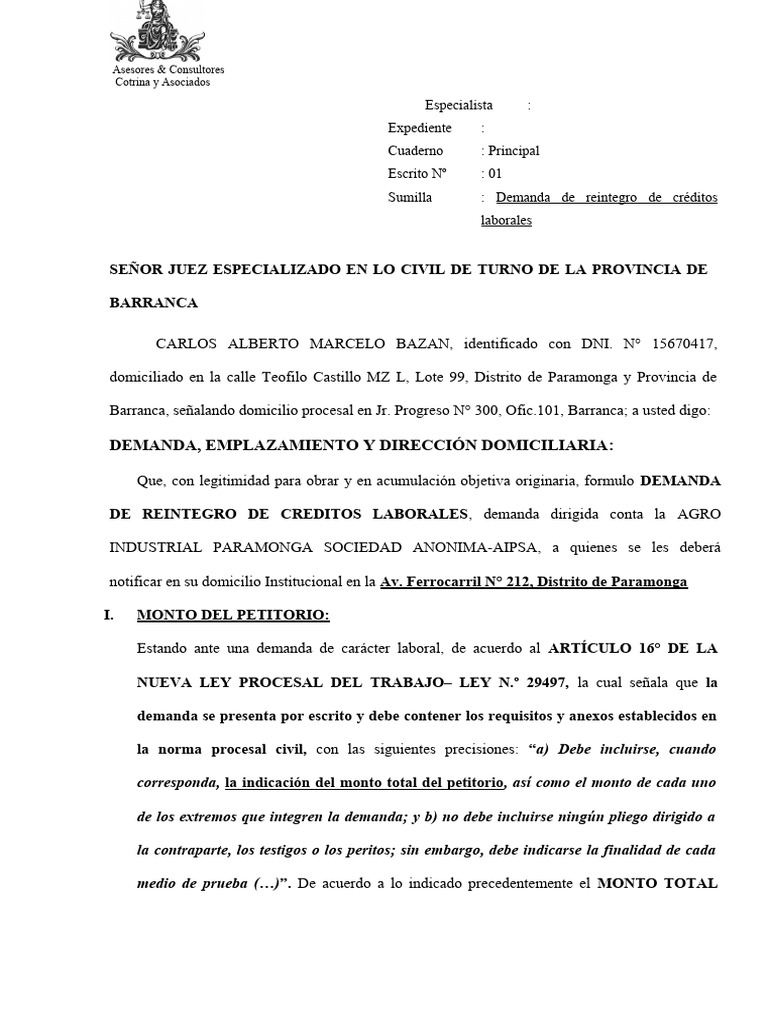 CTS - Modelo | PDF | Derecho laboral | Ley procesal