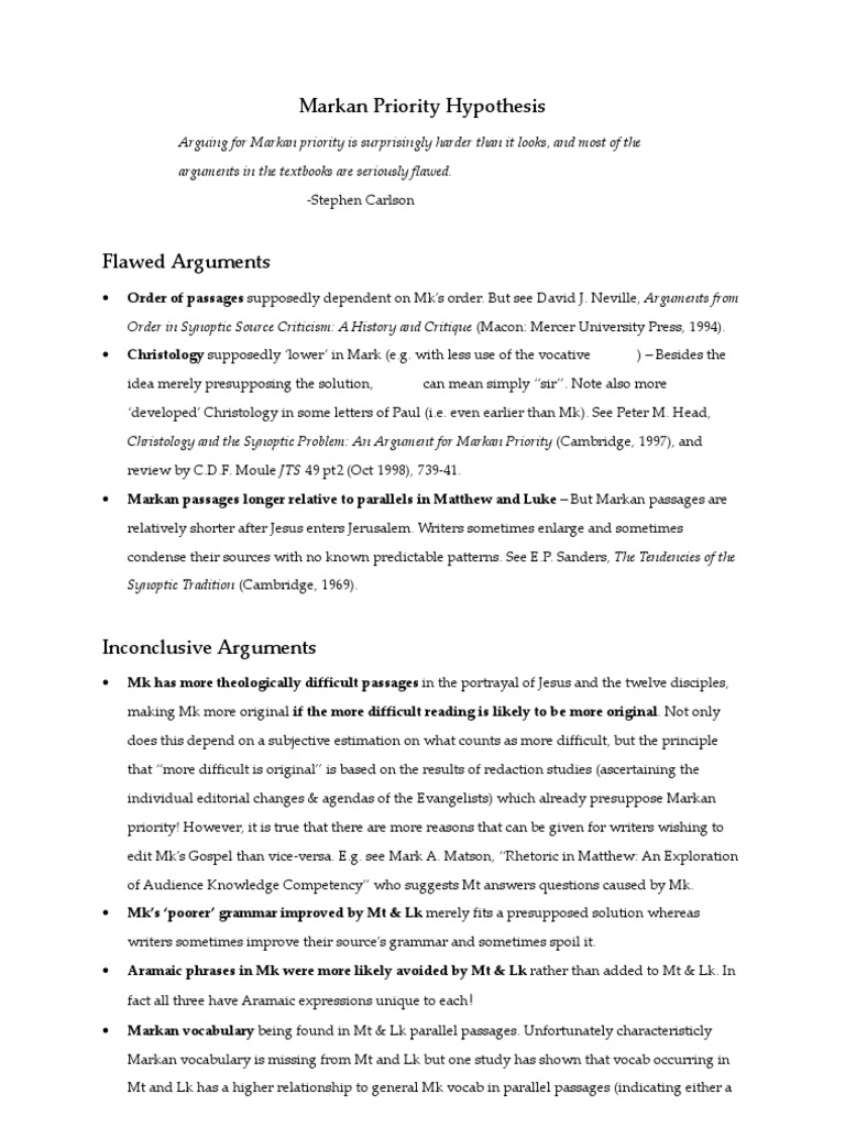 Markan Priority: Arguments and Evidence | PDF | Gospel Of Matthew ...